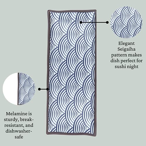 White and Blue Seigaiha Patterned Melamine Rectangular Serving Platter, Sushi Plate and H'orderve Trays Dinnerware for Parties, 10.75 x 4.25 Inches