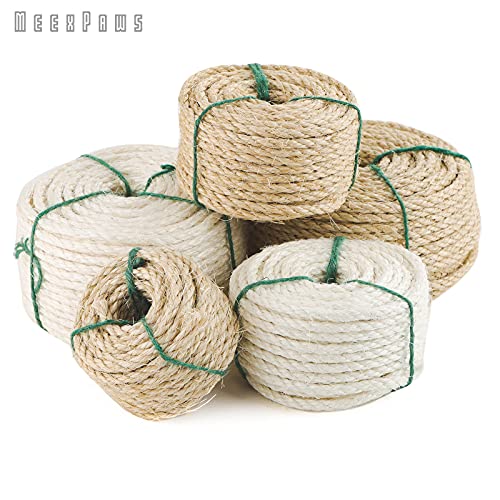 MEEXPAWS Natural Strong Sisal Rope Replacement for Cat Scratching Posts | Adhesive Tapes for Winding Easy & Tight | 1/4 β Diameter | Brown | 164FT