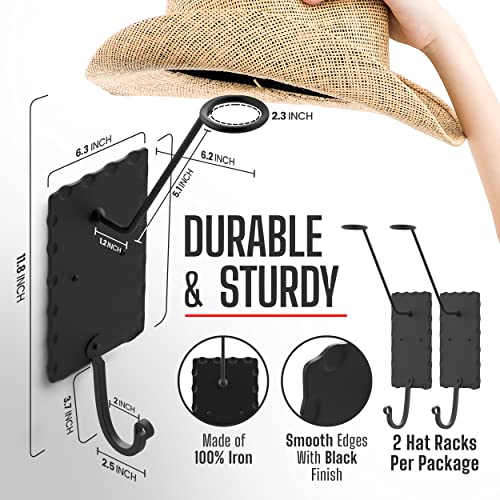 A.J. Boone Cowboy Hat Holder – Set of 2 Decorative, Wall-Mounted Hat Hooks – Heavy-Duty, Handcrafted, Iron Cowboy Hat Rack and Coat Rack for Storage and Display – Rustic Western and Farmhouse Décor