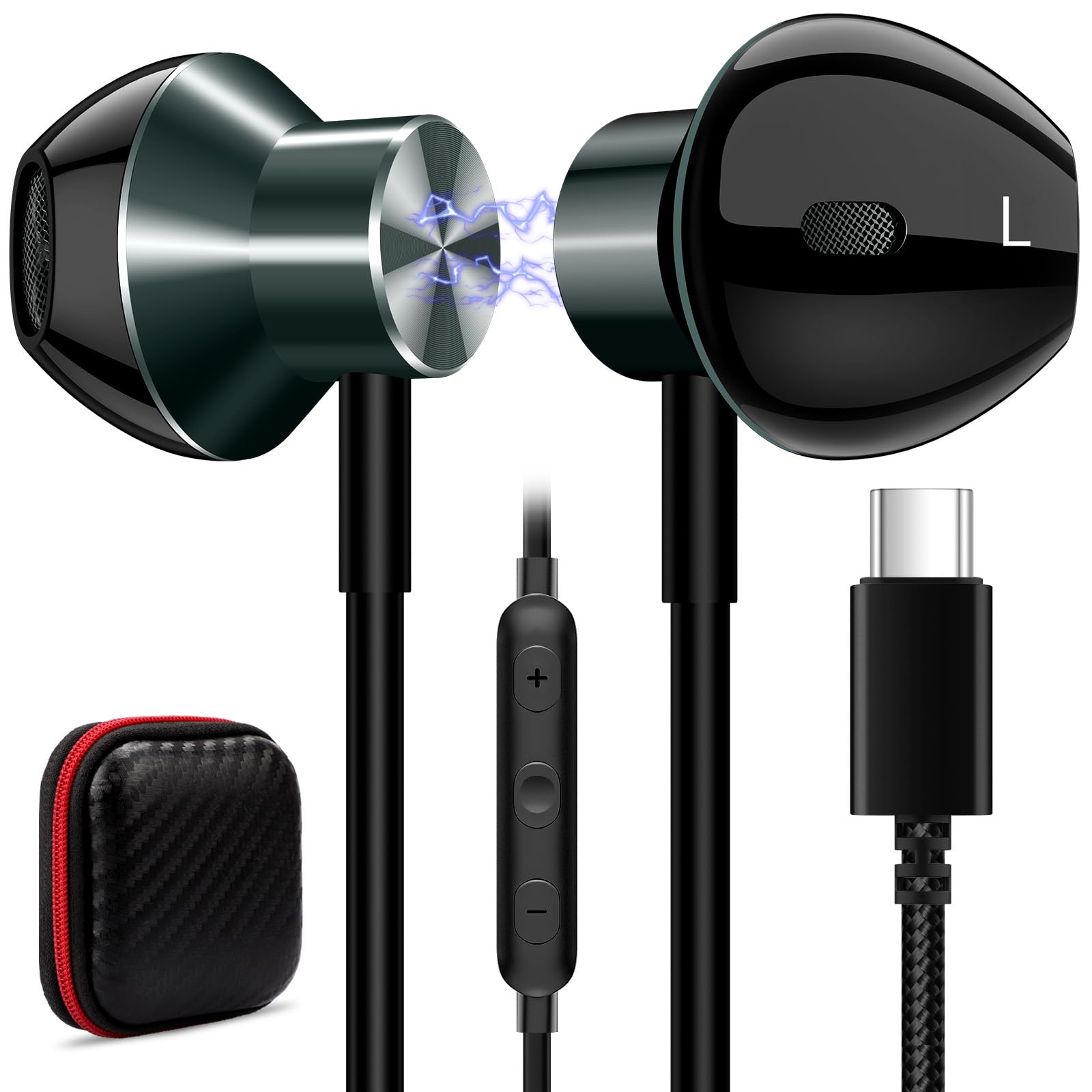 AFGHOA USB C Headphone for iPhone 16 Pro Max Samsung S25 S24 FE Galaxy Tab S10 Ultra,Type C Earphone Magnetic Wired Earbuds for Google Pixel 9 Pro XL, in Ear Noise Canceling HiFi Bass Corded Headset