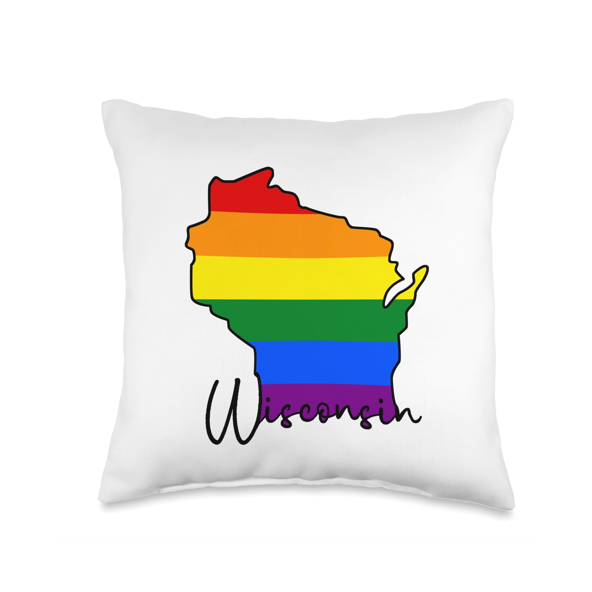 Wisconsin Map USA State Rainbow Pride Flag Map USA State Wisconsin Rainbow Flag Pride Month Throw Pillow, 16x16, Multicolor