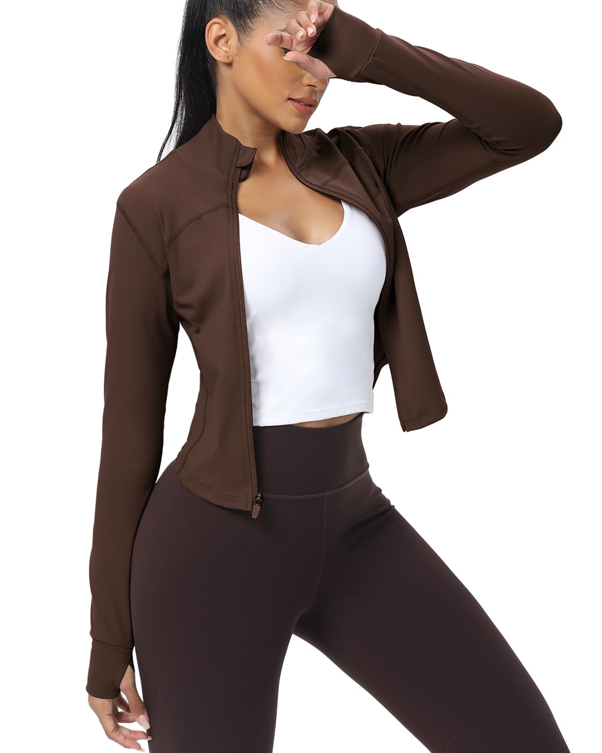 AVGO Women's Cropped Running Workout Jackets Zip Slim Fit Athletic Tops with Thumb Holes(Roasted Brown, M)