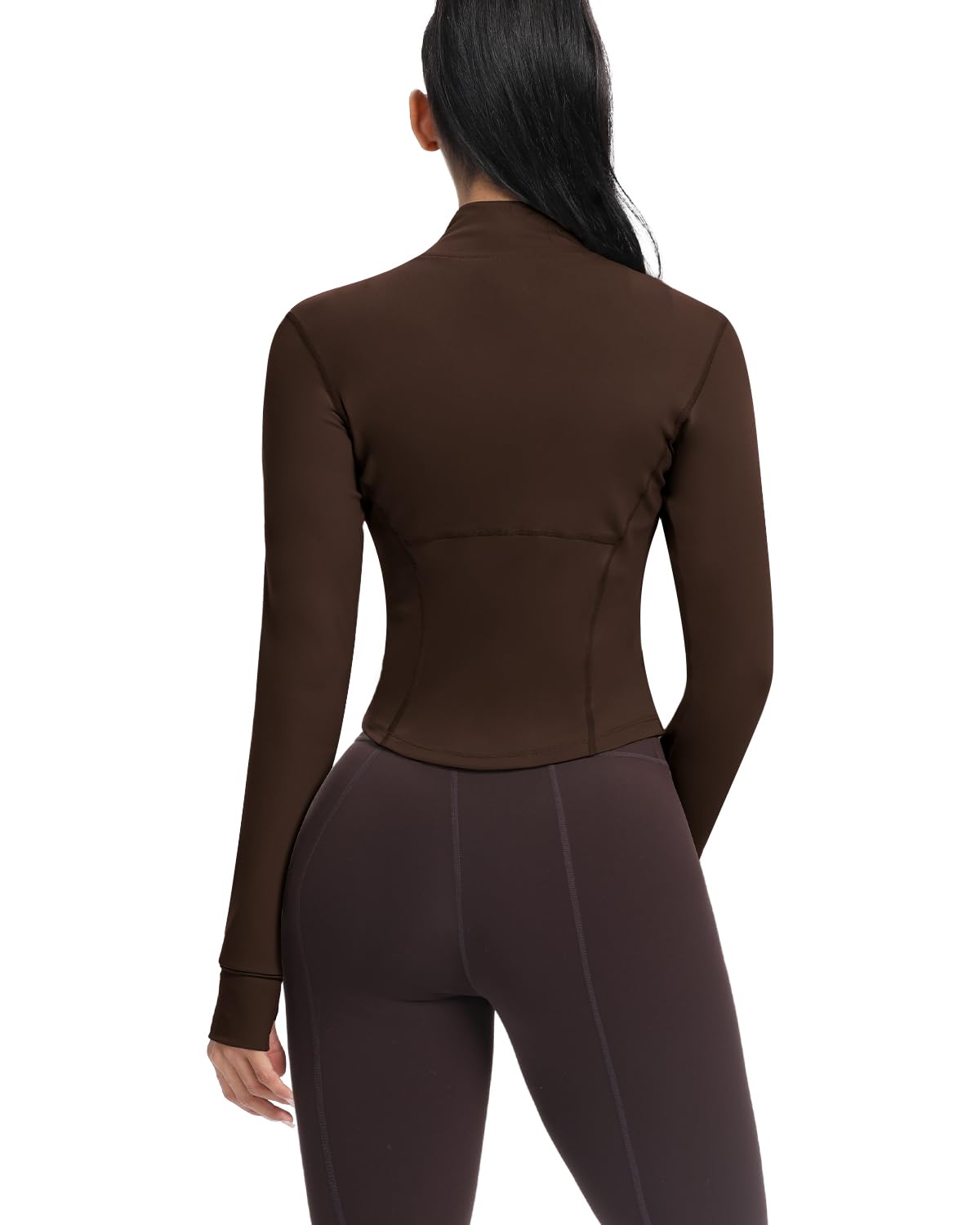 AVGO Women's Cropped Running Workout Jackets Zip Slim Fit Athletic Tops with Thumb Holes(Roasted Brown, M)