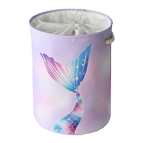 INough Baby Laundry Hamper Fabric Storage Basket Round Laundry Basket for Girls Collapsible Laundry Baskets with Drawstring Closure, Mermaid Room Decor for Girls Room, Laundry (Mermaid Tail)