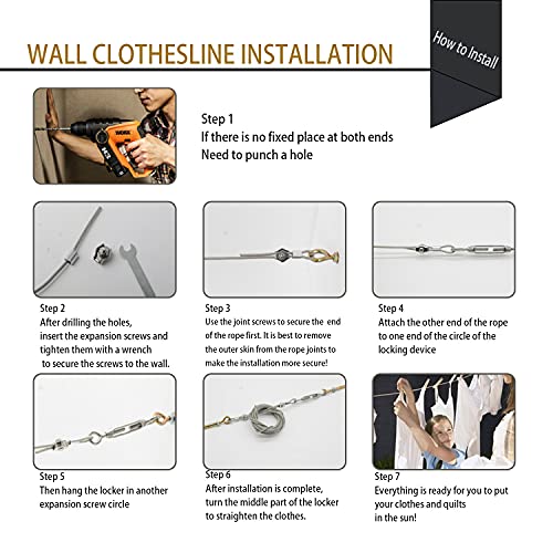 MHY 32Ft Clotheslines,Outdoors 304 Stainless Steel Clothes Line,Heavy Duty Cable Wire Rope String with Retractable System,Windproof Clothes Rope for Outdoor/Indoor/Home/Drying/Curtain Hanging