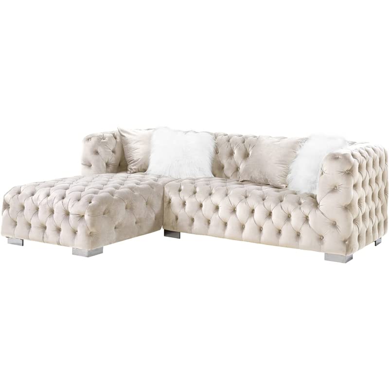 Acme Furniture Velvet Upholstered Sectional Sofa with 4 Pillows, Beige