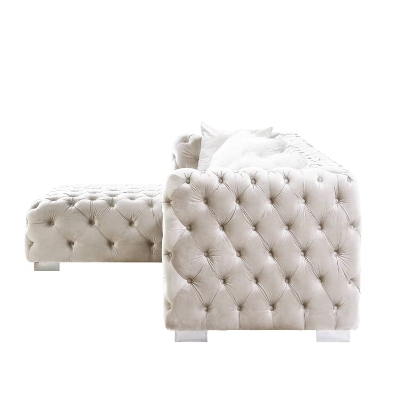 Acme Furniture Velvet Upholstered Sectional Sofa with 4 Pillows, Beige