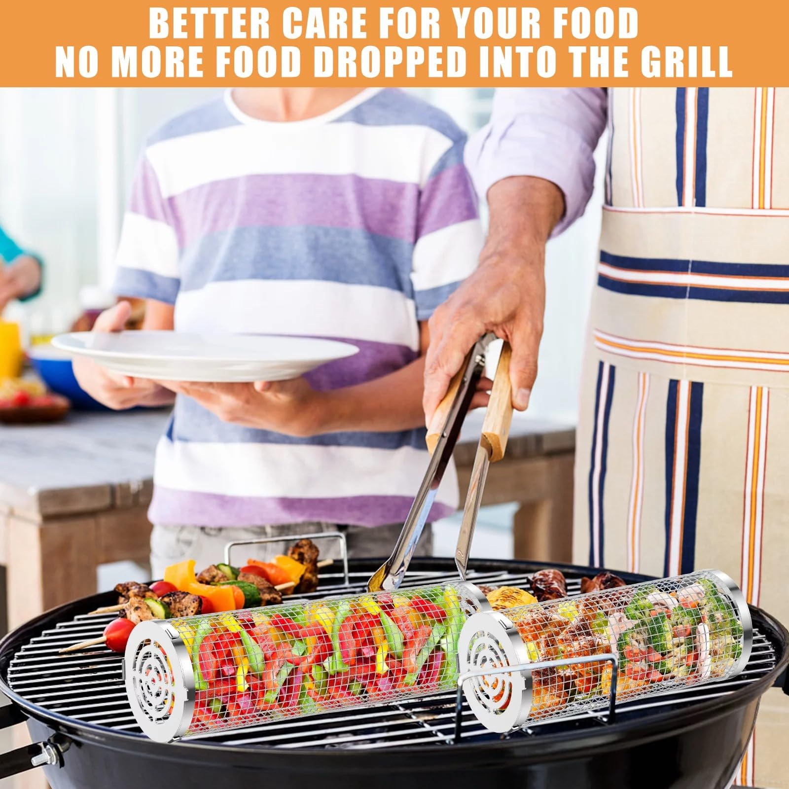 Rolling Grill CART, Stainless Steel BBQ Rolling Grill Basket Round Barbecue Net Tube for Outdoor Camping Picnic, Non-Stick Grill Net Wire Mesh Cylinder for Fish, Vegetables and Meat