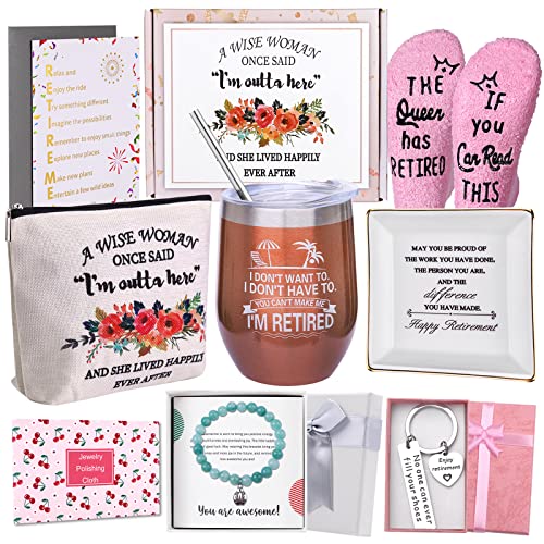 Retirement Gifts for Women 2023, Happy Retirement Gifts for Coworker, Retired Friends, Boss, Teachers, Nurses, Mom, Grandma, Retirees-Wine Tumbler, Farewell Bracelet, Ring Dish, Socks, Bag, Keychain