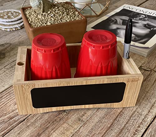 RaekerNow Organic Bamboo Double Solo Cup Holder with Marker Slot, Chalkboard and chalks for Disposable Cups, Party Organizer (Marker and Cups not Included)