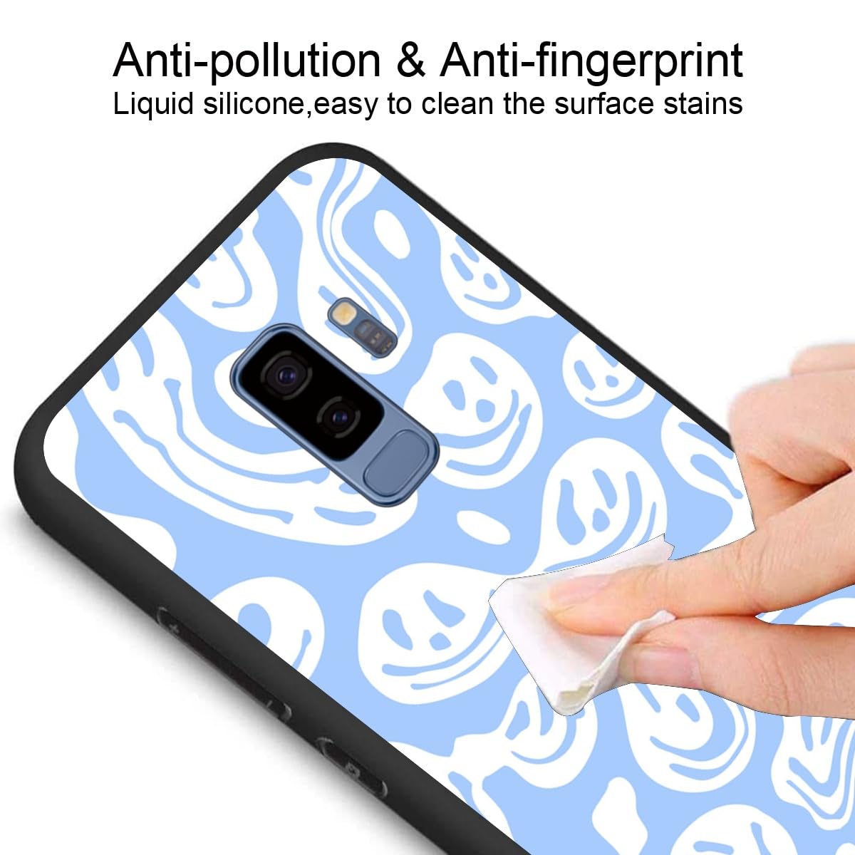zaztify Phone Case for Samsung Galaxy S9 Plus, Pastel Light Blue White Funny Trippy Dripping Smile Melted Hippie Smiling Skull Ghost Face Shockproof Protective Cover Shell