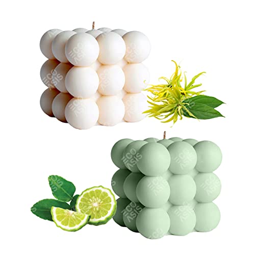 Bubble Candle Bundle Pack of 2, Trendy Home Decor Candle, Bergamot & Ylang-Ylang Essential Oil Scented Aromatherapy, Premium Handmade Soy Wax Rubik's Cube Candle