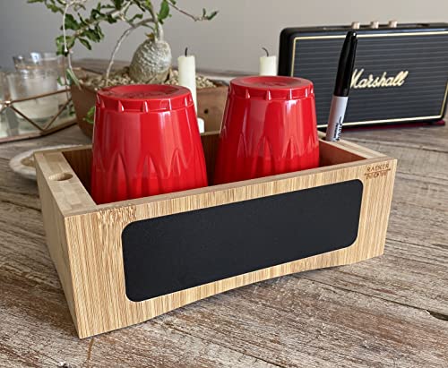 RaekerNow Organic Bamboo Double Solo Cup Holder with Marker Slot, Chalkboard and chalks for Disposable Cups, Party Organizer (Marker and Cups not Included)