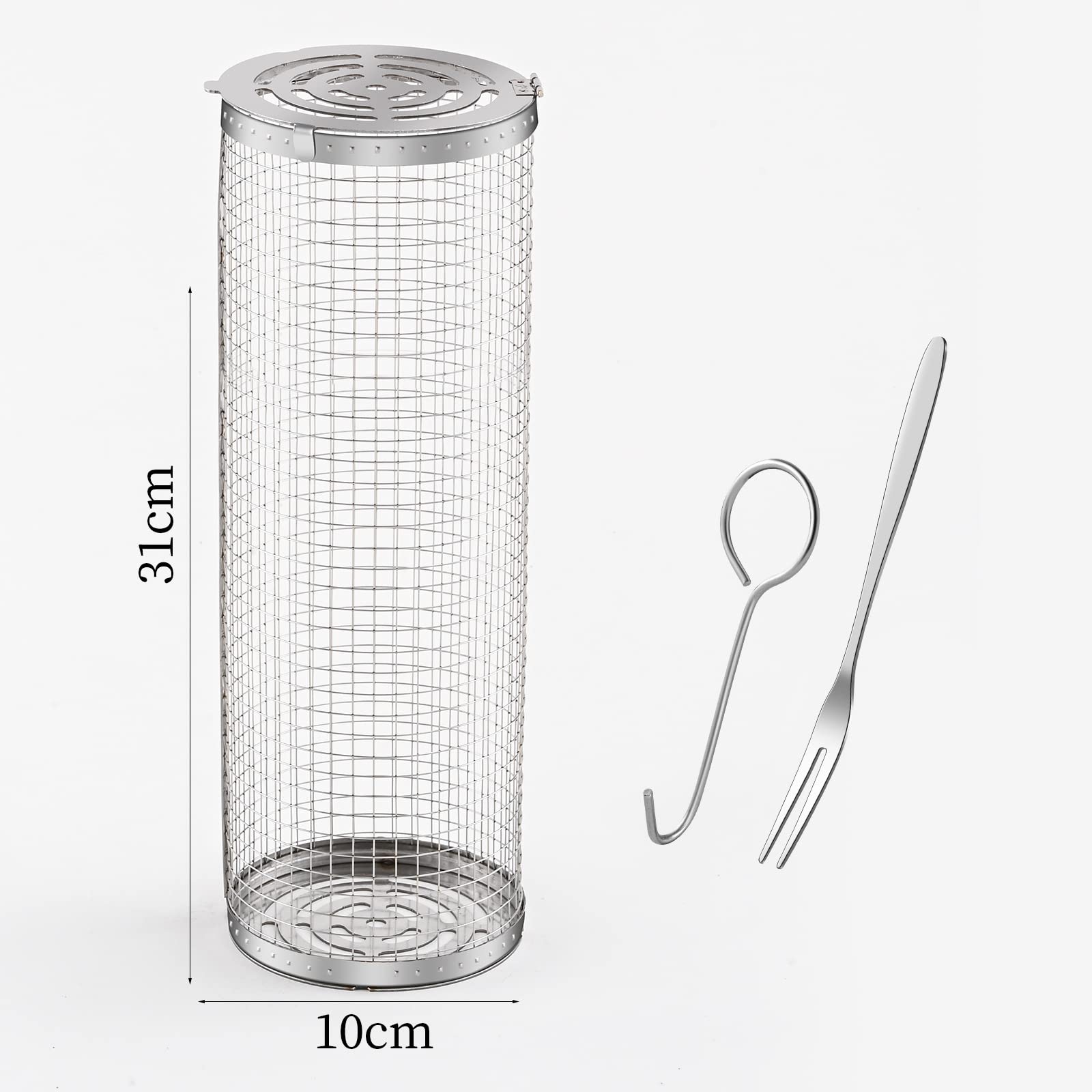 Rolling Grill CART, Stainless Steel BBQ Rolling Grill Basket Round Barbecue Net Tube for Outdoor Camping Picnic, Non-Stick Grill Net Wire Mesh Cylinder for Fish, Vegetables and Meat