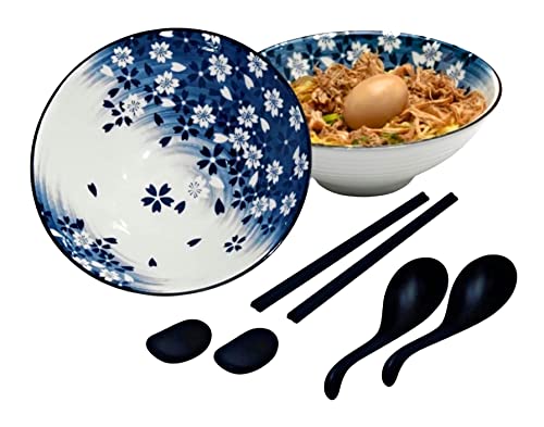 Ceramic Ramen Bowl Set - 8 Piece- Large White 40 oz Japanese Ramen Bowls, Spoons, Chopsticks and Chopstick Stands For Udon Noodles, Miso Soup, Cereal, Pasta, Pho and Salad Serving Set of 2 Blue