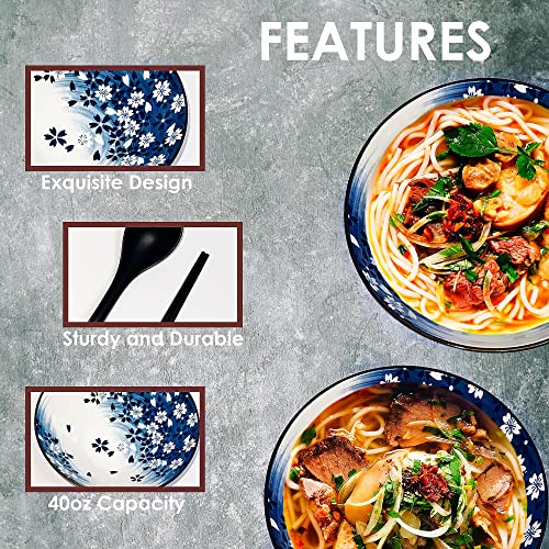 Ceramic Ramen Bowl Set - 8 Piece- Large White 40 oz Japanese Ramen Bowls, Spoons, Chopsticks and Chopstick Stands For Udon Noodles, Miso Soup, Cereal, Pasta, Pho and Salad Serving Set of 2 Blue