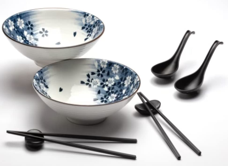 Ceramic Ramen Bowl Set - 8 Piece- Large White 40 oz Japanese Ramen Bowls, Spoons, Chopsticks and Chopstick Stands For Udon Noodles, Miso Soup, Cereal, Pasta, Pho and Salad Serving Set of 2 Blue
