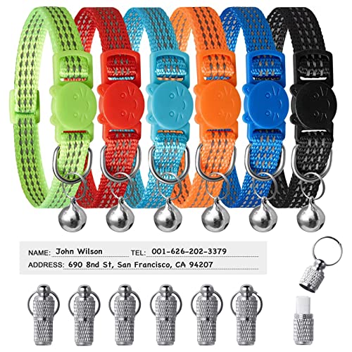 LLHK 6 Pack Reflective Cat Collars & 6 Pcs Name Tags,Breakaway Safety Kitten Collar with Bell,Adjustable 7''-12'',for Girl Male Cats, Personalized ID Tag,Pet Supplies,Stuff,Accessories(12 Pack)