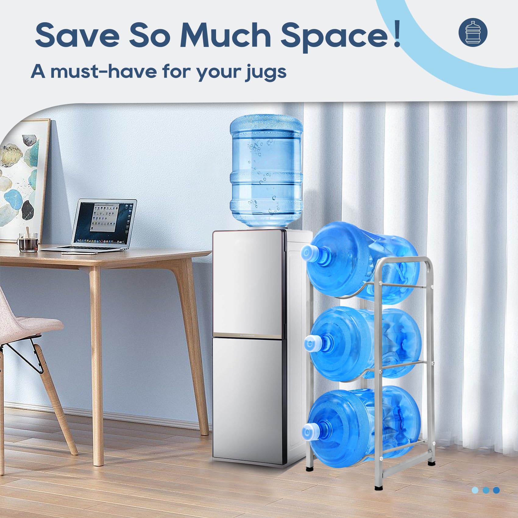 Iococee 5 Gallon Water Jug Stand, 5 gallon water jug holder, With guardrail to prevent falling, 5 gallon water jug rack for 3 Bottles (3-tiers Silver) for Home, Office Organization