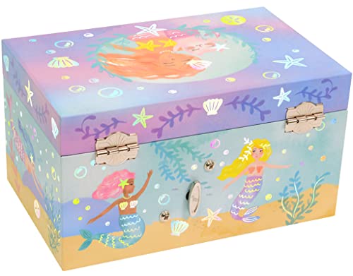 Jewelkeeper Girl's Mermaid Musical Jewelry Storage Box Pullout Drawer, Rainbow Design with Gold Foil, Over the Waves Tune