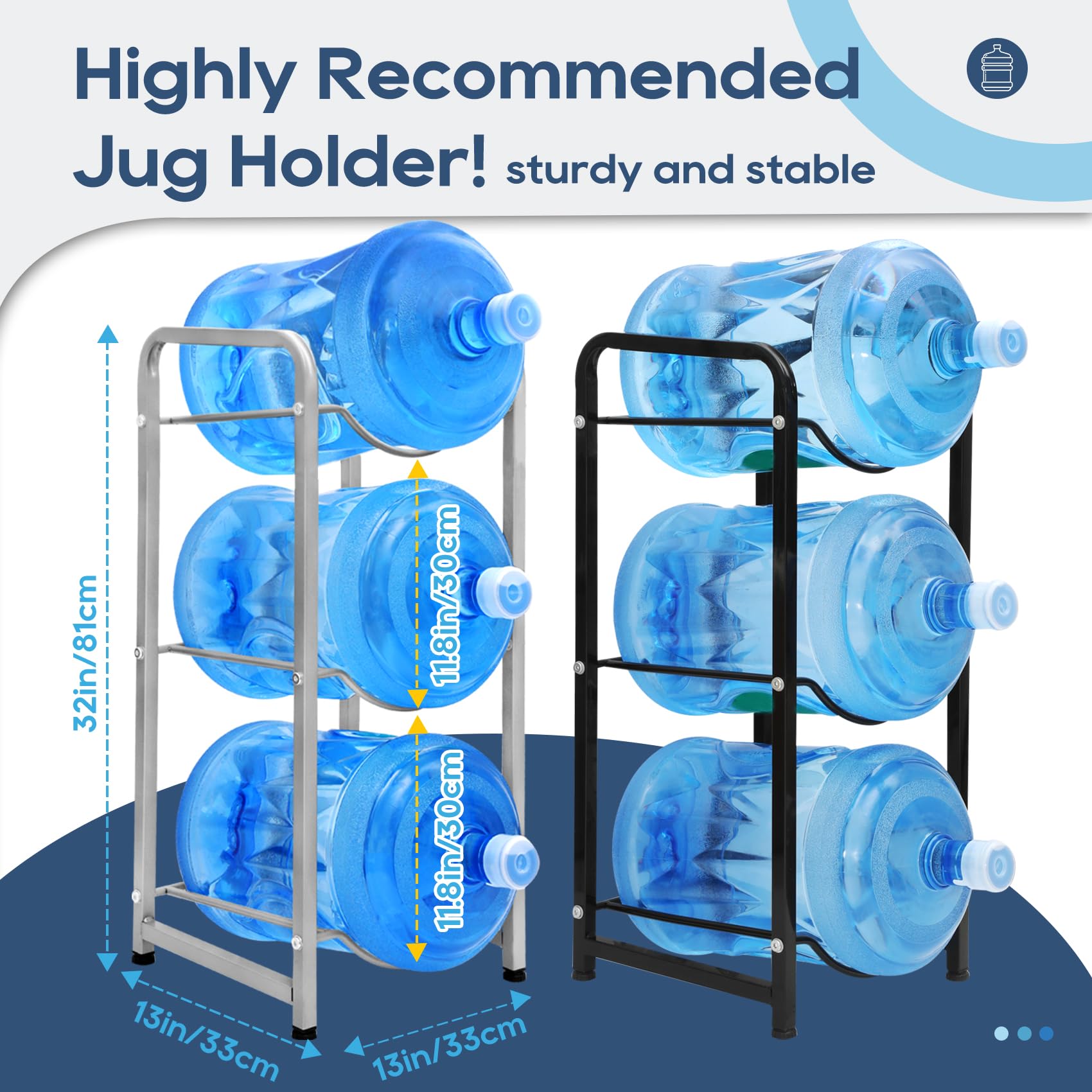 Iococee 5 Gallon Water Jug Stand, 5 gallon water jug holder, With guardrail to prevent falling, 5 gallon water jug rack for 3 Bottles (3-tiers Silver) for Home, Office Organization