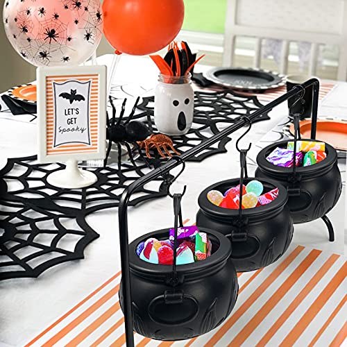 Halloween Decor - Halloween Party Decorations - Set of 3 Witches Cauldron Serving Bowls on Rack - Black Plastic HocusĀ Pocus Candy Bucket Cauldron for Indoor Outdoor Home Kitchen Decoration