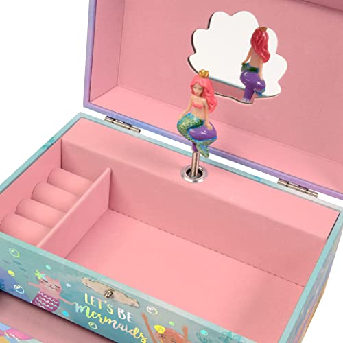 Jewelkeeper Girl's Mermaid Musical Jewelry Storage Box Pullout Drawer, Rainbow Design with Gold Foil, Over the Waves Tune