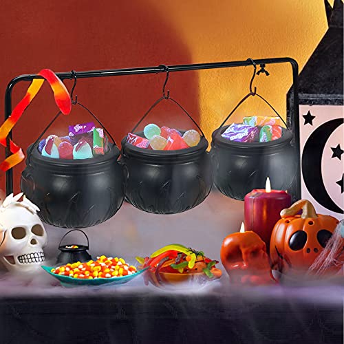 Halloween Decor - Halloween Party Decorations - Set of 3 Witches Cauldron Serving Bowls on Rack - Black Plastic HocusĀ Pocus Candy Bucket Cauldron for Indoor Outdoor Home Kitchen Decoration