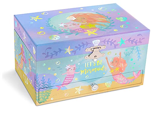Jewelkeeper Girl's Mermaid Musical Jewelry Storage Box Pullout Drawer, Rainbow Design with Gold Foil, Over the Waves Tune