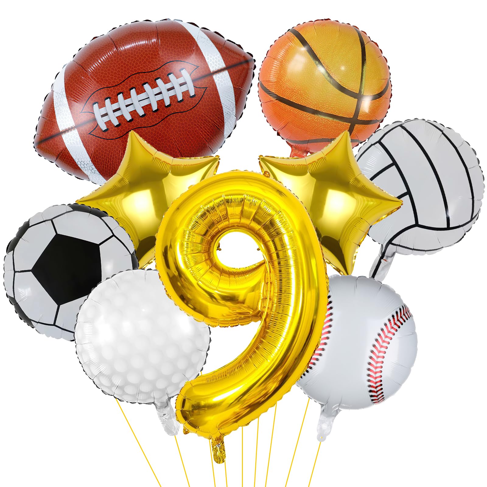 9 Pieces Sports Balloons, Football, Basketball, Baseball, Volleyball, Golf and Soccer Foil Balloon, Sports Birthday Number Mylar Foil Balloon, Sport Theme Birthday Party Supplies Decorations (9th)