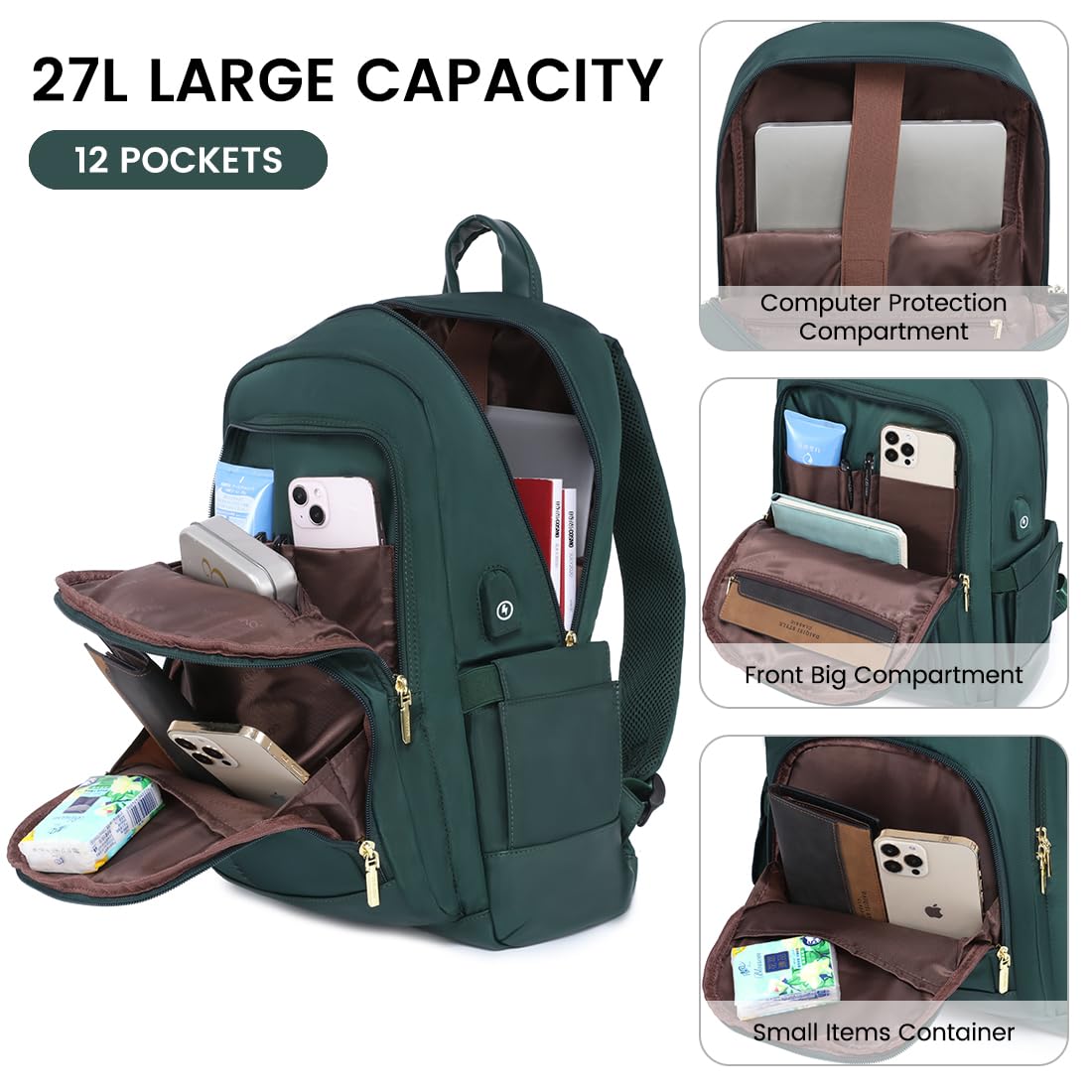 LOVEVOOK Travel Laptop Backpack Women,15.6 Inch Water Resistant Travel Backpack for Women,Work Computer Back Pack for Business,Large Capacity,Dark Green