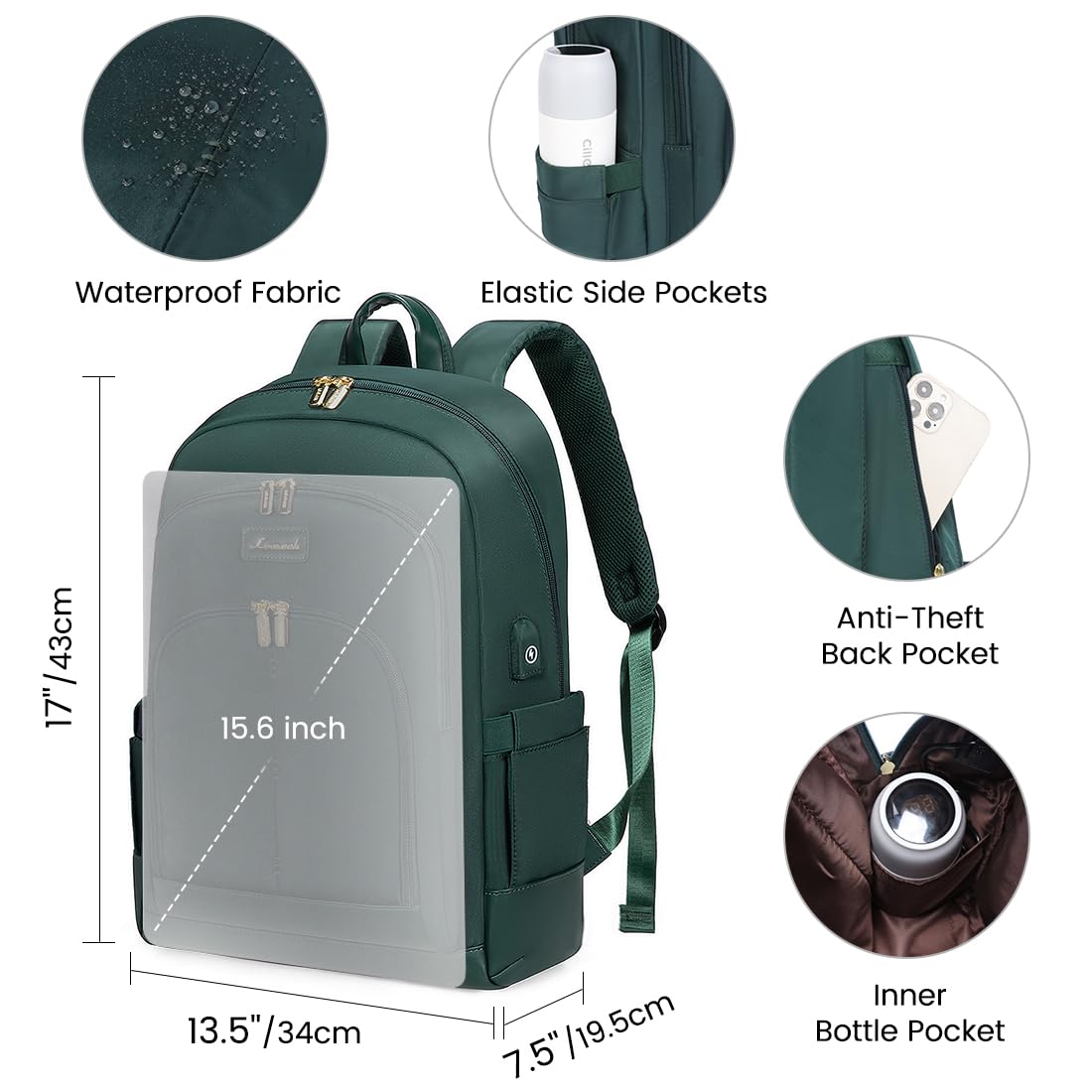 LOVEVOOK Travel Laptop Backpack Women,15.6 Inch Water Resistant Travel Backpack for Women,Work Computer Back Pack for Business,Large Capacity,Dark Green