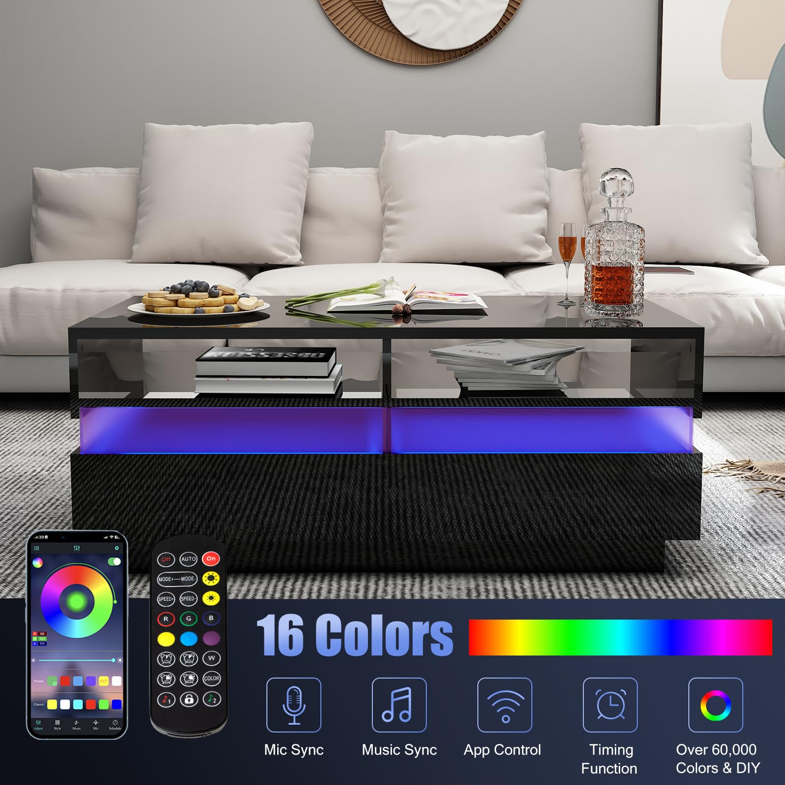 HOMFAMILIA Modern LED Coffee Table w/ 2 Big Storage Drawers,High Glossy 2-Tier Black Coffee Table w/ 60000-Color LED Lights,App Control,Rectangle Center Table w/Open Shelf for Living Room Bedroom