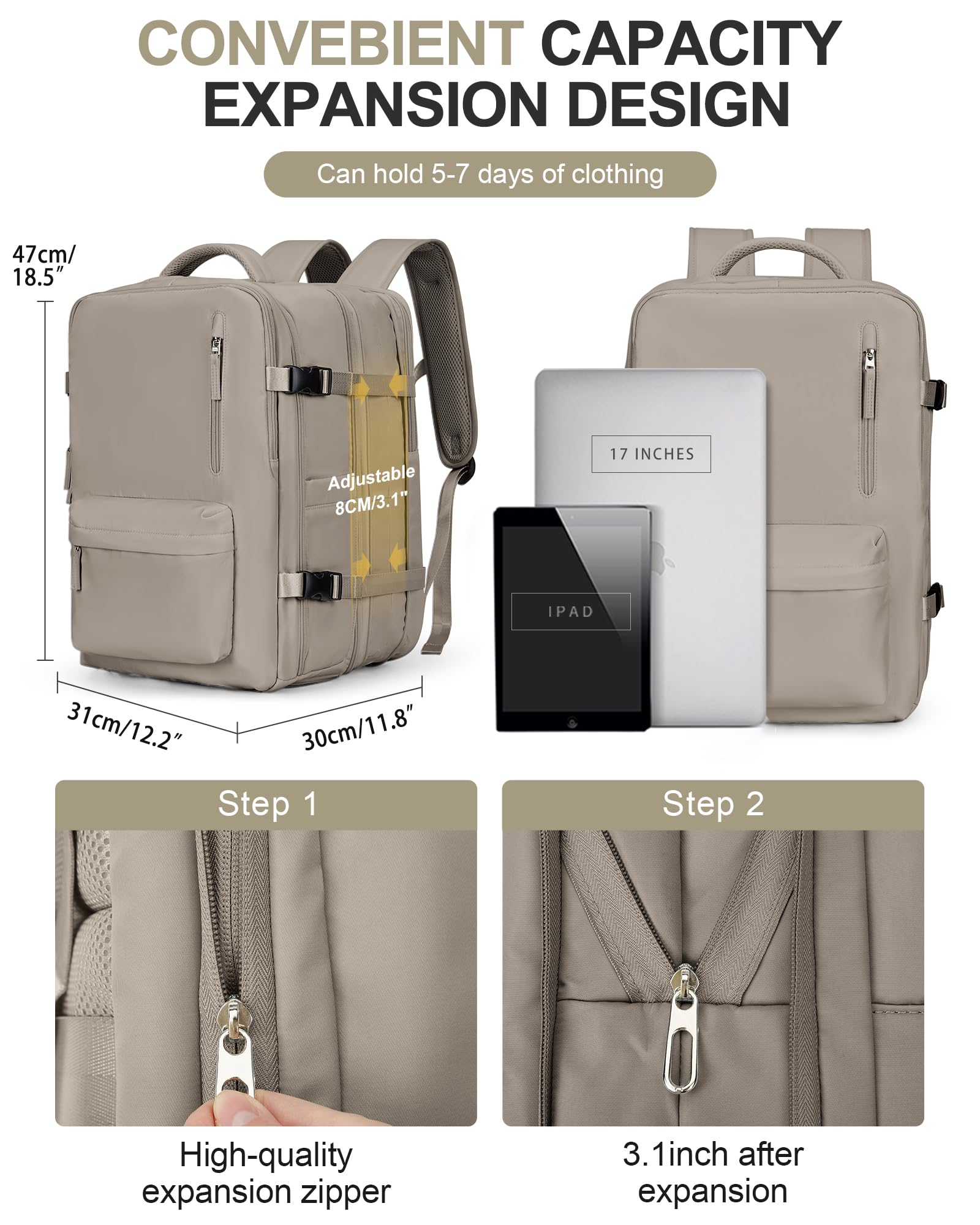 Large Travel Laptop Backpack, Expandable Flight Approved Backpack, Carry on Backpack for Women, Waterproof 17inch Laptop Hiking Backpack with Shoe Compartment, Grey Brown