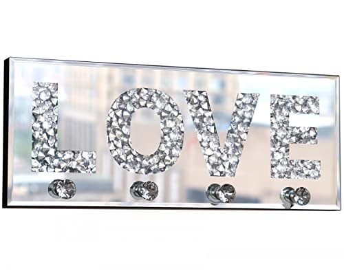 Crush Diamond Mirrored Love Letter Plaque Sign for Wall Decor, Crystal Clear Hooks Key Holder Key Hanger, Silver Mirror Decoration Wall Art, Wall Mounted Home Decor 15"×5.9"×1.6"