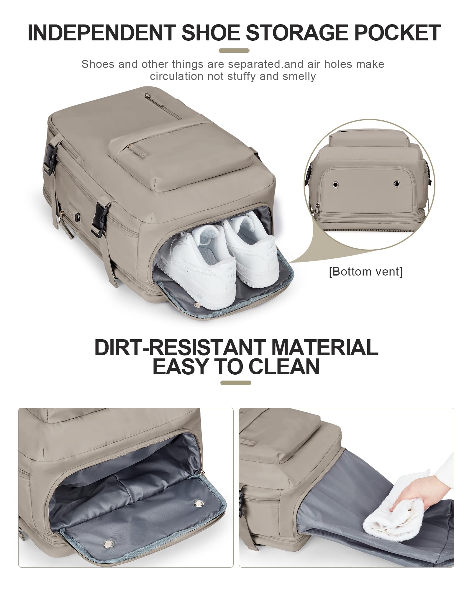 Large Travel Laptop Backpack, Expandable Flight Approved Backpack, Carry on Backpack for Women, Waterproof 17inch Laptop Hiking Backpack with Shoe Compartment, Grey Brown
