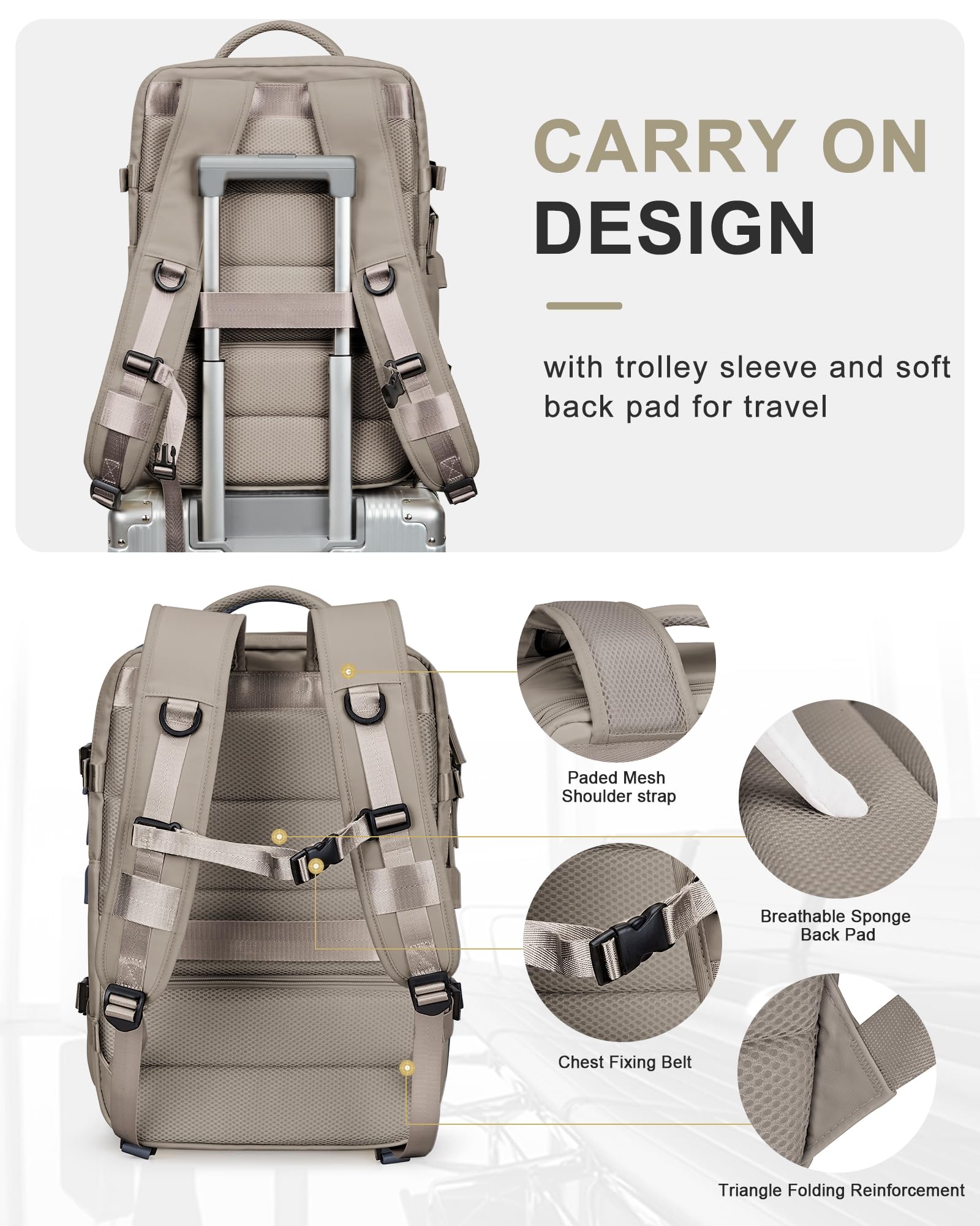 Large Travel Laptop Backpack, Expandable Flight Approved Backpack, Carry on Backpack for Women, Waterproof 17inch Laptop Hiking Backpack with Shoe Compartment, Grey Brown