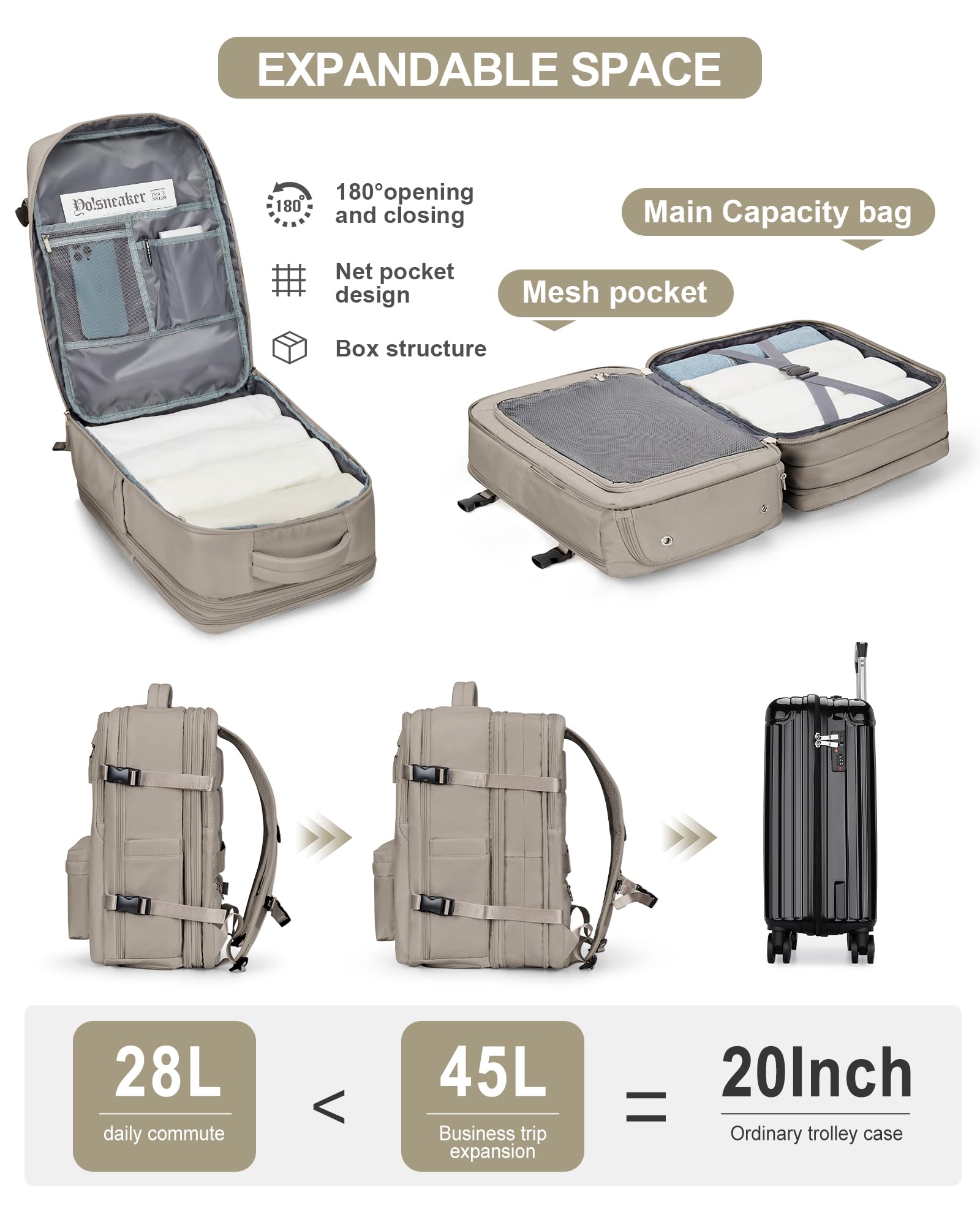Large Travel Laptop Backpack, Expandable Flight Approved Backpack, Carry on Backpack for Women, Waterproof 17inch Laptop Hiking Backpack with Shoe Compartment, Grey Brown