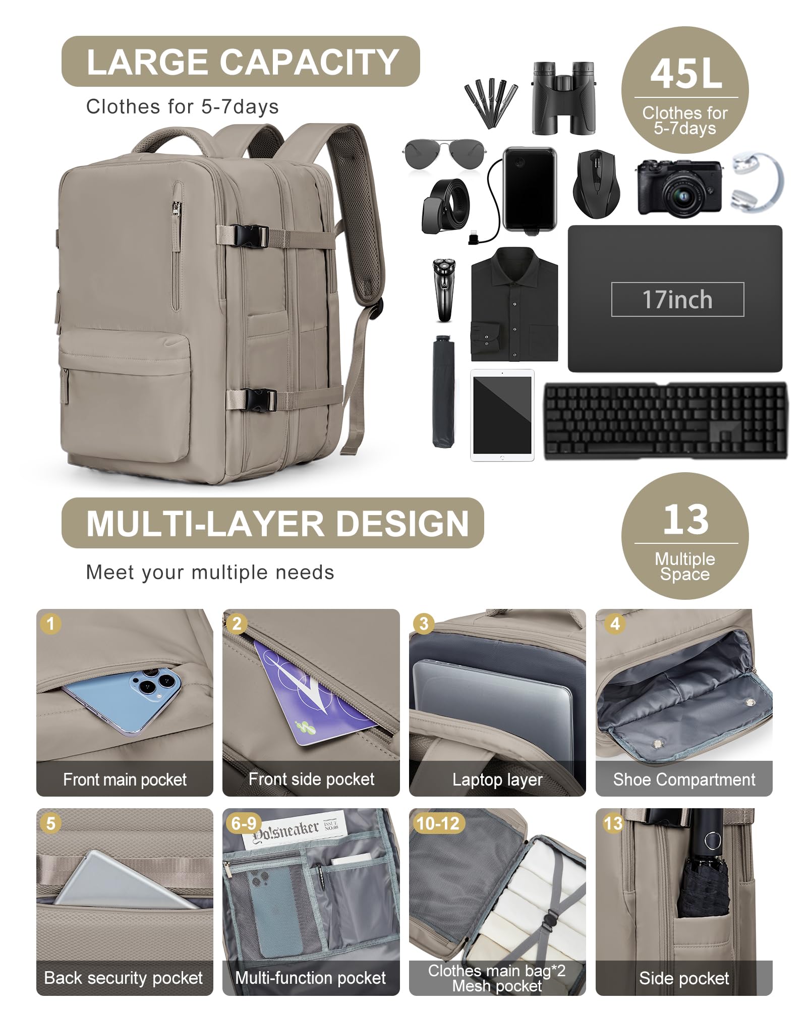 Large Travel Laptop Backpack, Expandable Flight Approved Backpack, Carry on Backpack for Women, Waterproof 17inch Laptop Hiking Backpack with Shoe Compartment, Grey Brown