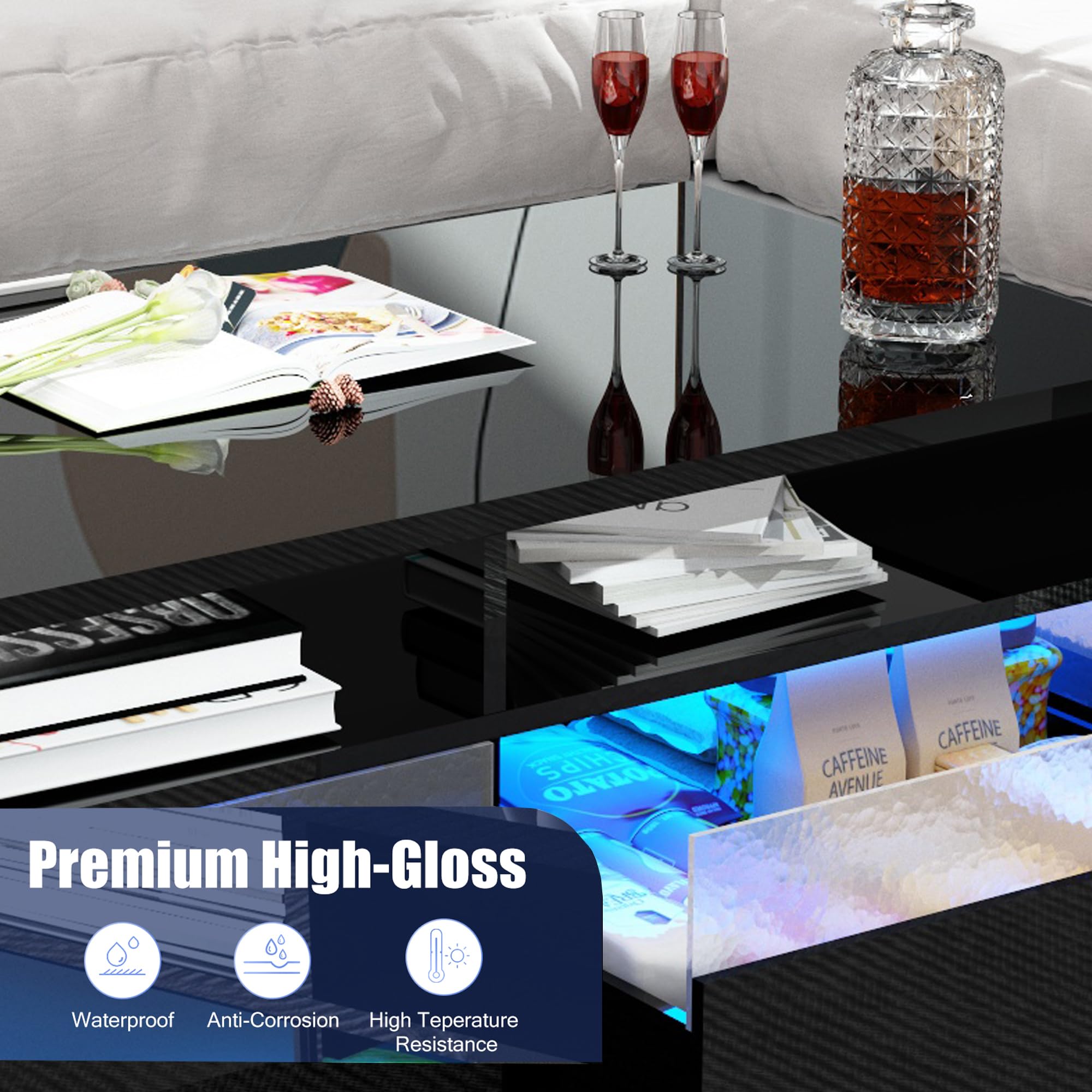 HOMFAMILIA Modern LED Coffee Table w/ 2 Big Storage Drawers,High Glossy 2-Tier Black Coffee Table w/ 60000-Color LED Lights,App Control,Rectangle Center Table w/Open Shelf for Living Room Bedroom