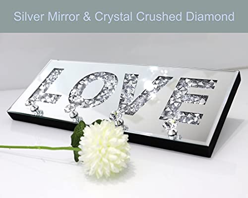 Crush Diamond Mirrored Love Letter Plaque Sign for Wall Decor, Crystal Clear Hooks Key Holder Key Hanger, Silver Mirror Decoration Wall Art, Wall Mounted Home Decor 15"×5.9"×1.6"