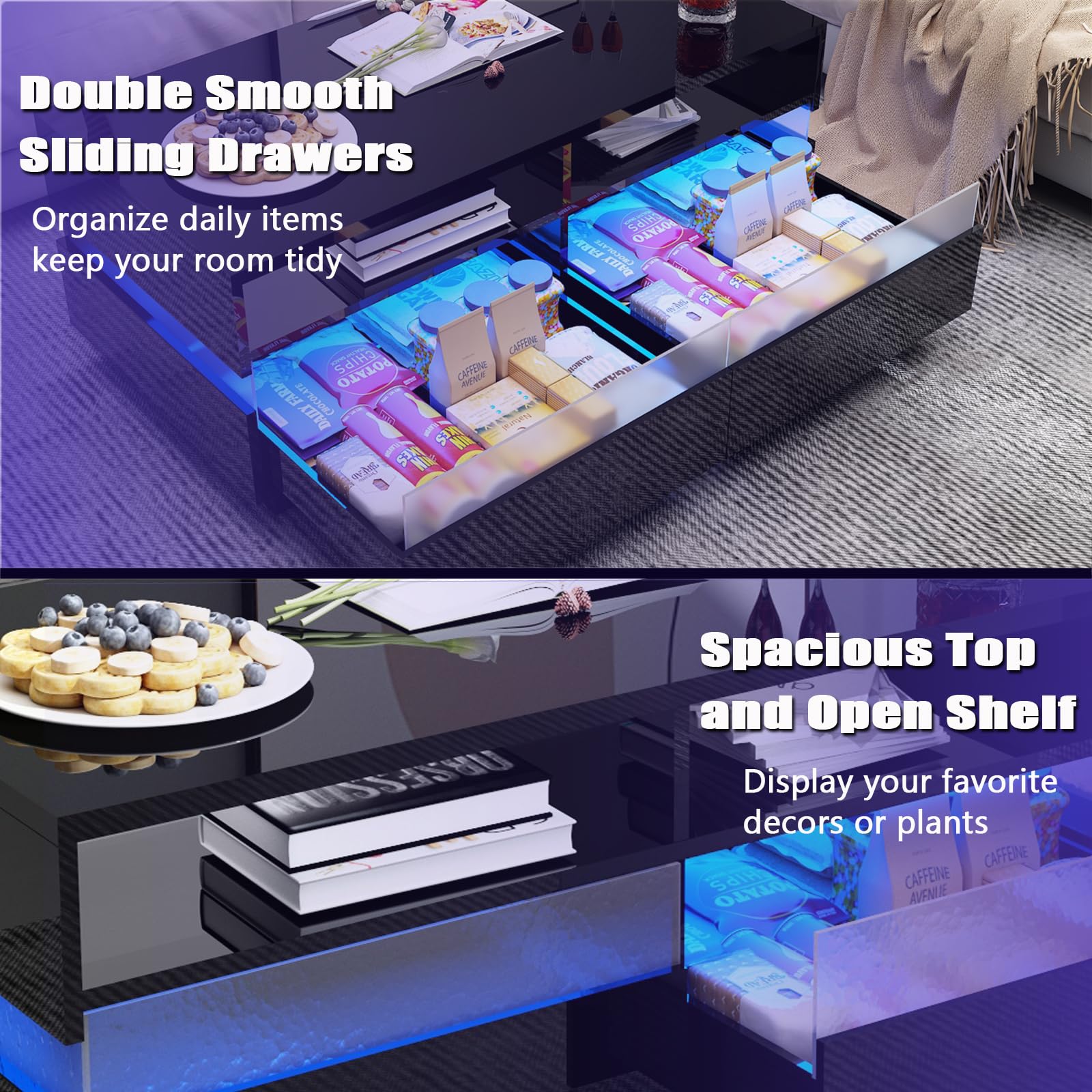 HOMFAMILIA Modern LED Coffee Table w/ 2 Big Storage Drawers,High Glossy 2-Tier Black Coffee Table w/ 60000-Color LED Lights,App Control,Rectangle Center Table w/Open Shelf for Living Room Bedroom