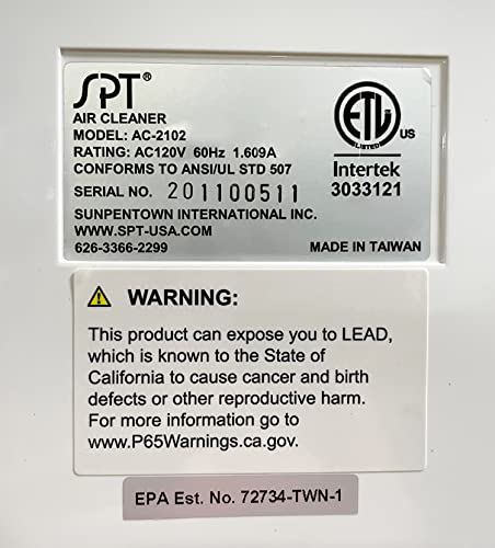 SPT AC-2102A: Heavy Duty Air Cleaner with HEPA, Carbon, VOC & TiO2 (Captures Smoke, dust, Pollen, PM2.5, Virus, Bacteria and Mold)