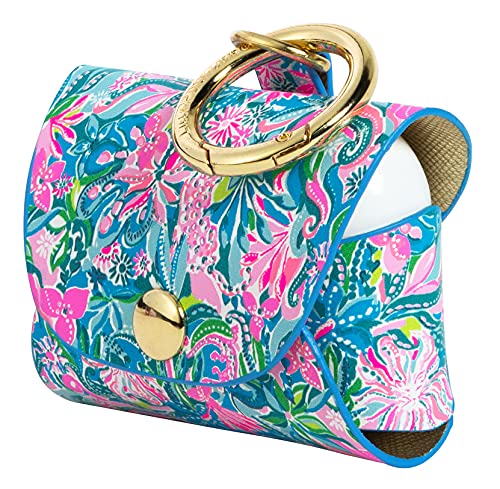 Lilly Pulitzer Blue Leatherette AirPods Pro Holder, Cute Keychain Case with Access to Charging Port, Golden Hour