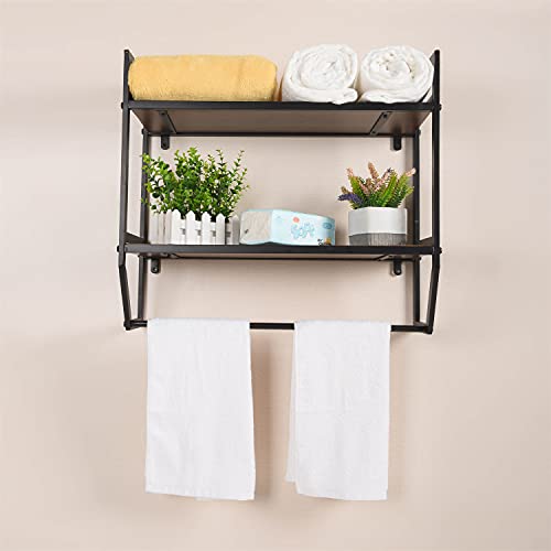 DSONGYEED Bathroom Shelf with Towel Bar Wall Mounted Towel Rack Rusticbathroom Towel Rack, 2 Tier Shelf Storage Organizer for Living Room, Kitchen, Bedroom