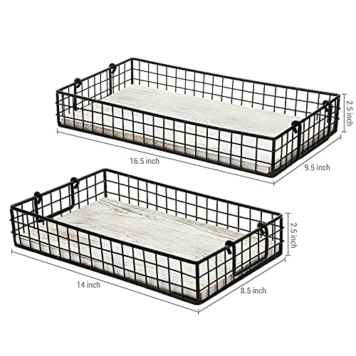 MyGift Black Metal Wire and Whitewashed Wood Decorative Tray with Handles, Nesting Storage Organizer Basket Trays, Set of 2