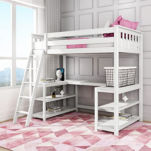 Max & Lily High Loft Bed, Twin Bed Frame For Kids With Wraparound Desk and Shelves, White