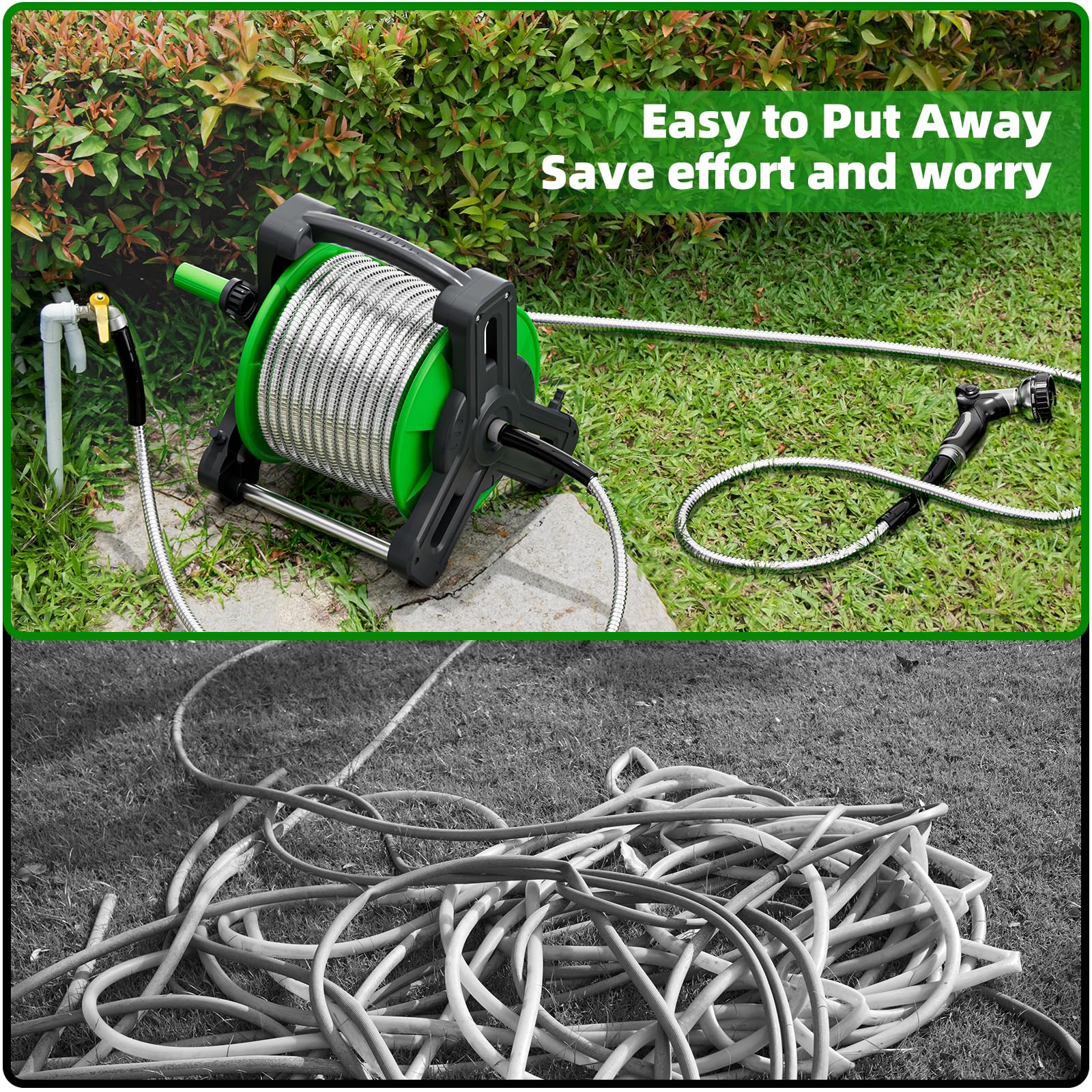 SPECILITE Wall Mount Garden Water Hose Reel with 75ft 304 Stainless Steel Metal Pipe and Nozzle for Outside, Yard, Patio,Space-Saving Design, Easy Storage, Green