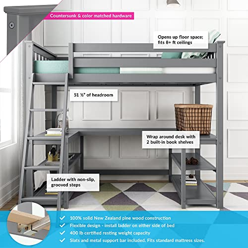 Max & Lily High Loft Bed, Twin Bed Frame For Kids With Wraparound Desk and Shelves, White