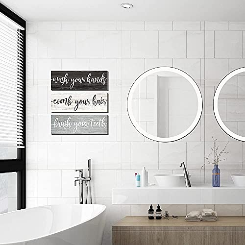 Creoate Bathroom Rules Wall Decor, Set of 3 - Wash Your Hands, Brush Your Teeth, Comb Your Hair - Decorative Rustic Wood Farmhouse Bathroom Wall Decor, Small